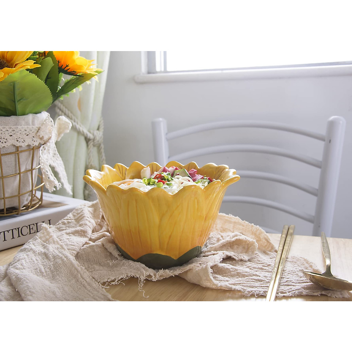 AwakingWaves Kawaii Ceramic Cereal Bowl with Designs, Suitable for Noodles,Desserts, Salad and Soup, Sunflower-Shaped Candy Snack Bowl for Kitchen, Microwave and Dishwasher Safe, Yellow Party Decor