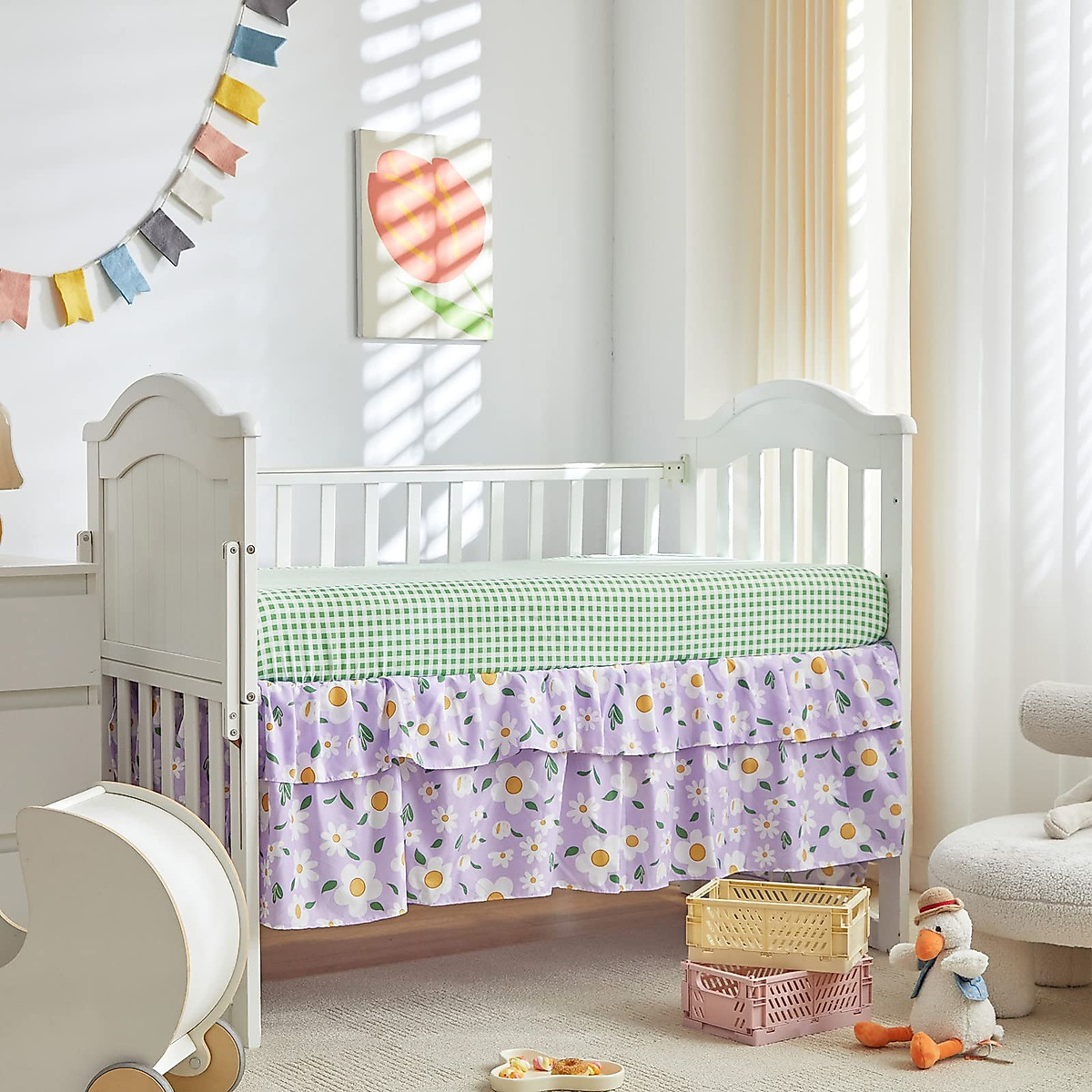 3 Pieces Crib Bedding Set Baby Ruffle Quilted Comforter with Fitted Sheet and Bed Skirt - Cute Ruffled Shabby Chic Baby Bedding Soft Blanket Design Purple with White Floral