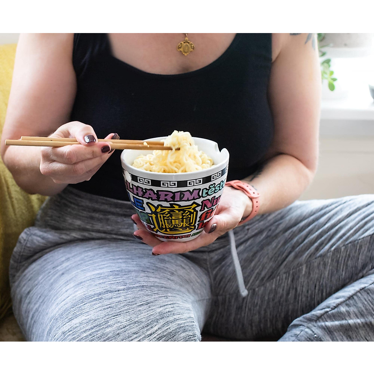 Bowl Bop Noodle Collage Japanese Ceramic Dinnerware Set | Includes 16-Ounce Ramen Noodle Bowl and Wooden Chopsticks | Asian Food Dish Set For Home & Kitchen | Kawaii Anime Gifts and Collectibles