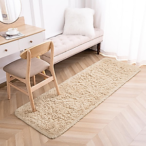 Toneed Fluffy Runner Rug for Bedroom Living Room, 2 x 6 Feet Beige Shaggy Rug Super Soft Modern Indoor Area Rug Fuzzy Plush Carpet for Dorm Nursery Kids Room Home Decorative