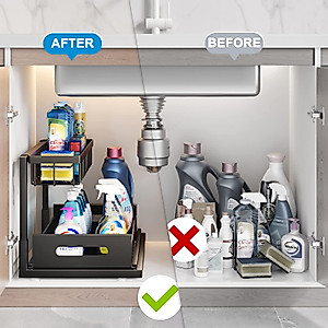 Solidhouse Under Sink Organizer, 2-Tier Under Kitchen Bathroom Sink Organizer and Storage, No Drilling Rustproof Stainless Steel Pull Out Shelf for Kitchen Bathroom (Black)