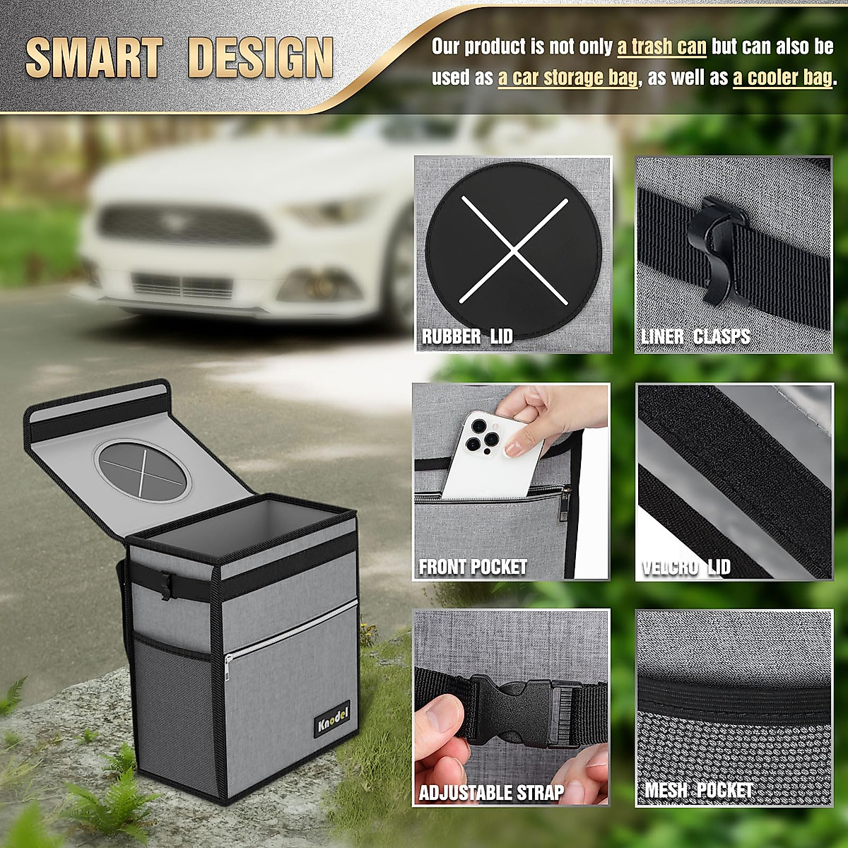 K KNODEL Car Trash Can with Lid, Leak-Proof Car Garbage Can with Storage Pockets, Waterproof Auto Garbage Bag Hanging for Headrest (Small, Gray)