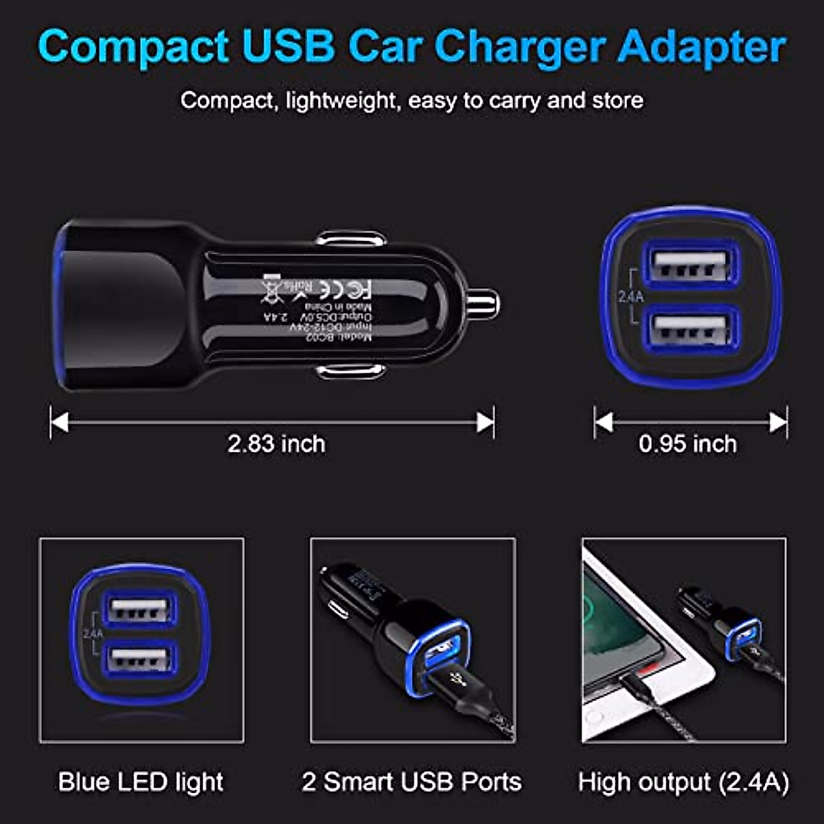 Car Charger, 2.4A 12W AndHot 2 Pack Mini Dual Port USB Car Charger Adapter Plug for iPhone 14 13 12 SE 11 Pro Max XR XS X 8 7 6S Plus, iPad, Samsung Galaxy S22 S21 S20 S10 Note 20, LG, Moto, Android