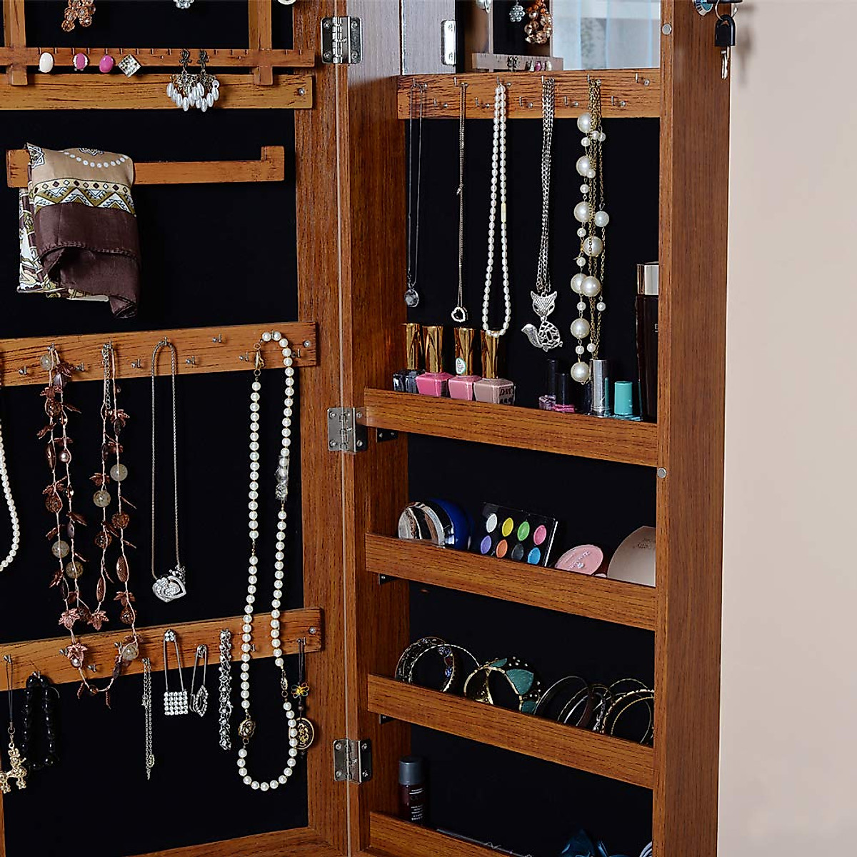 Brefhome Jewelry Armoir, Brown Wood Full Length Mirror Jewelry Cabinet with Storage, Necklace Organizer, Hanging Jewelry Holder Organizer Box