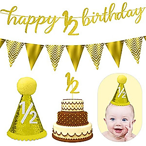 LHMTQVK Happy 1/2 Birthday Banner Pre-Strung 6 Months Banner, Half Birthday Banner 1/2 Birthday Crown Hat, 1/2 Half Year Cake Topper- for Baby's 6 Months Birthday Party Decoration Set… (Gold)
