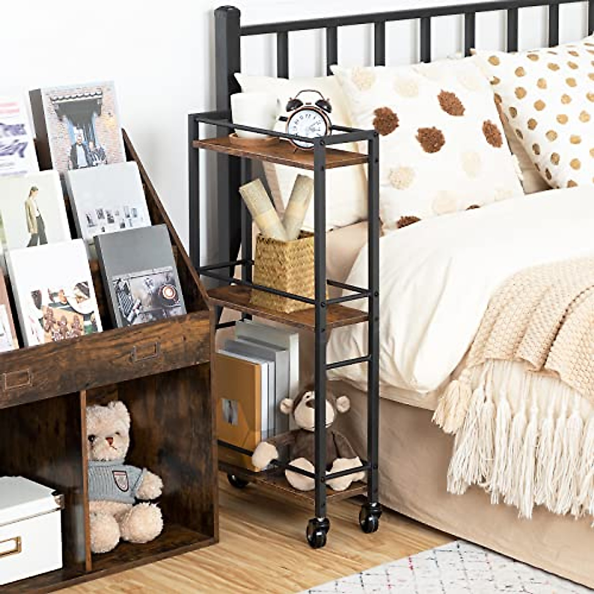 MAHANCRIS 3-Tier Slim Rolling Cart, Narrow Kitchen Cart on Wheels, Practical Storage Rolling Cart, Wooden Kitchen Storage Rack, for Tight Spaces in Dining Room, Bathroom, Rustic Brown RCHR1501Z