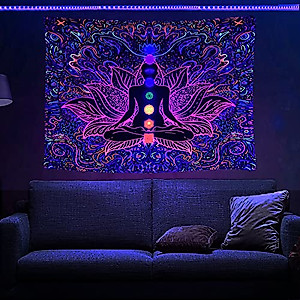 VEEMONIK Blacklight Chakras Tapestry, Spiritual Tapestry Yoga Meditation Hippie Tapestries Wall Hanging, Buddha UV Reactive Tapestry for Bedroom Aesthetic - 51x59 inches
