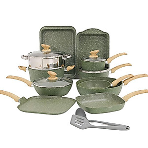 MAISON ARTS 17-Piece Pots and Pans Set - Kitchen Cookware Sets with Nonstick Granite Stone Coating, Suitable for Induction Cooktops, Green