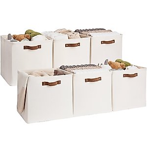 StorageWorks 13x13 Storage Cubes, Collapsible Storage Bins Organizer for Closet, Fabric Storage Box with PU Handles, Beige, 6-Pack