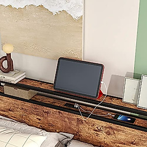 HOJINLINERO Bed Frame Queen Size with Storage Headboard/Power Outlets/USB Ports Charging Station,Metal Bed Frame Queen Size No Box Spring Needed,Under Bed Storage,Easy Assembly,Rustic Brown