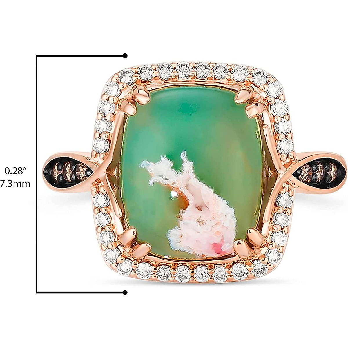 LE VIAN 4 2/3 Carat Cushion Shaped Green Aquaprase Cabochon White Topaz and Smokey Quartz Halo Statement Ring for Women in 14k Rose Gold Plated 925 Sterling Silver Promise Anniversary Ring Size 10