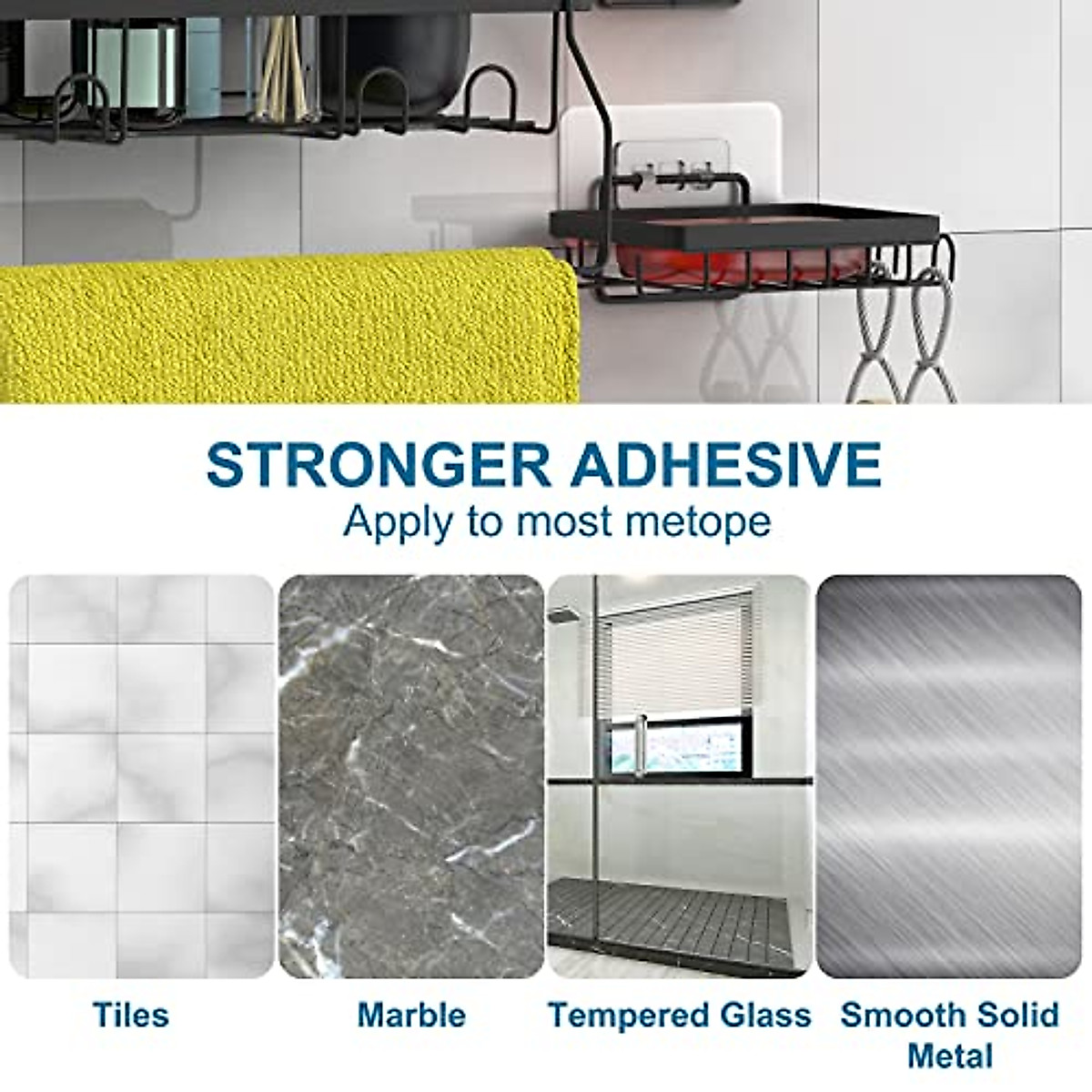 AucrBoa 6 Pack Shower Caddy Bathroom Shelf with Hair Dryer Holder, and Towel bar and Soap Dishes, No Drilling Traceless Adhesive Wall Mounted Bathroom Storage Organizer Basket with Hooks,Black