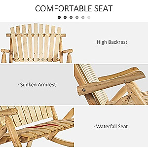 Outsunny Double Wooden Patio Rocking Bench, Adirondack Porch Rocker Chair for 2 Persons with High Rise Slatted Seat & Backrest, Smooth Armrests, Natural