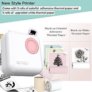 Mini Printer Portable, Inkless Sticker printer with 8 Rolls Paper, Bluetooth Wireless mini thermal printer, Print Pod Compatible with iOS + Android for Journal, Memo, Photo, DIY, Work, Gifts (Pink)
