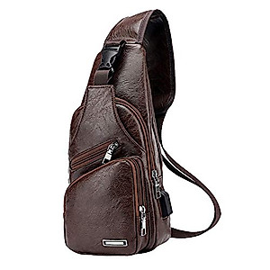 JUMO CYLY Leather Sling Bag with USB Charging Port Large Mens Crossbody Shoulder Bag Travel Sling Chest Bag (Small Deep Brown)