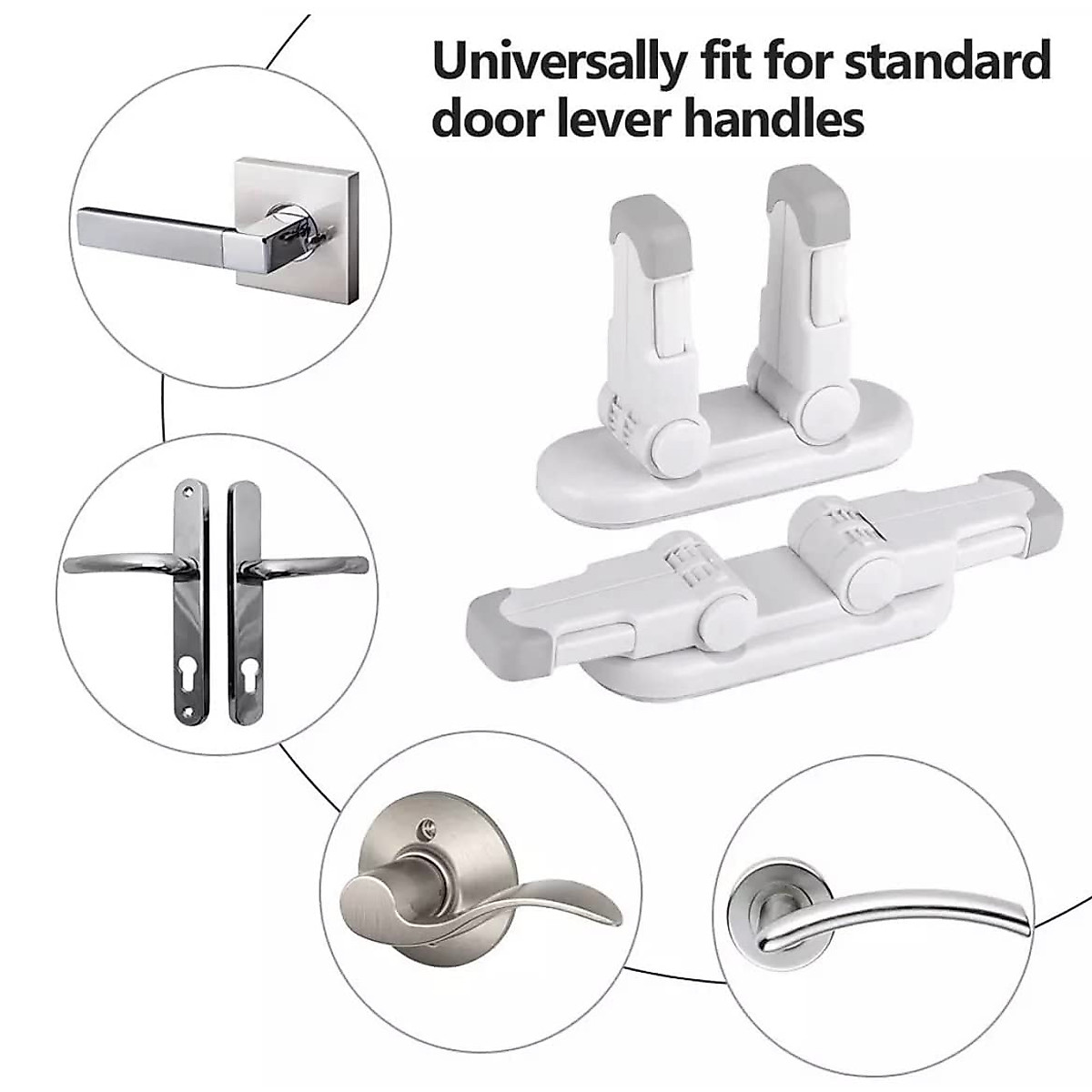 4 Pack, New and Improved Childproof Safety Door Lock, Prevents Toddlers from Opening Doors, BPA Free, 3M Adhesive, Easy to Install, No Drilling Needed.