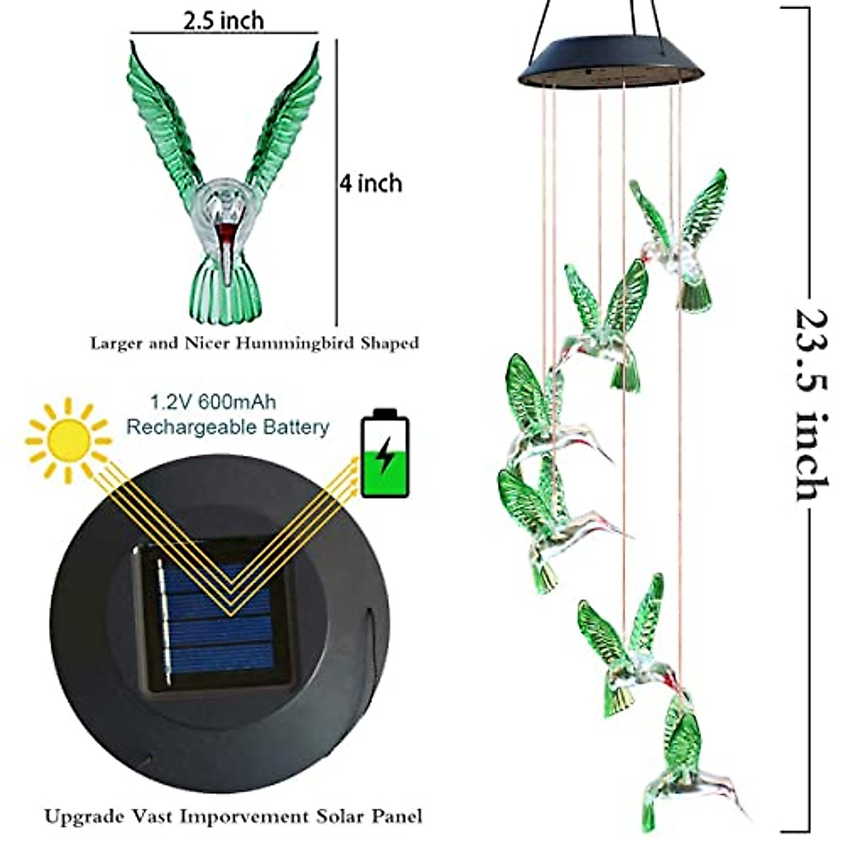 Chasgo Solar Hummingbird Wind Chime Color Changing Solar Mobile Wind Chime Outdoor Mobile Hanging Patio Light