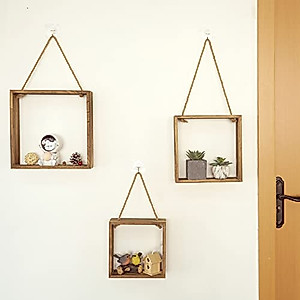 Decoroca Floating Hanging Square Shelves - Set of 5 Wall Mounted Decor Rustic Wood Cube Photo Plant Display Shadow Boxes Decorative Shelf, Home Office Decoractions for Living Room Bedroom, Brown
