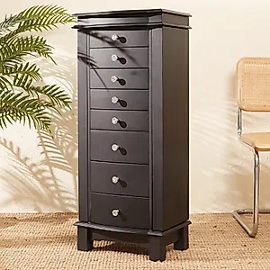 Jewelry Armoire with Mirror, 7 Drawers & 24 Necklace Hooks, 2 Side Swing Doors(Black Brown) (17.8 x 13 x 40)"