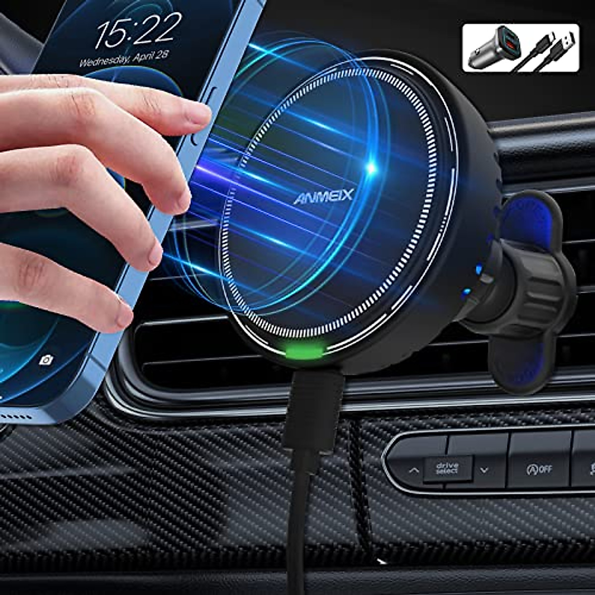 Magnetic Wireless Car Charger Mount，[Ice Cooling Charging] Anmeix 15W Fast Charging Magnet Car Phone Holder,Air Vent Mount Compatible with iPhone 15/14/13/12 Series Phones and Magnetic Cases, Black