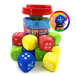 Deluxe 1.5" EVA Foam Dice Red, Green, Blue & Yellow (Pack of 12) Bucket