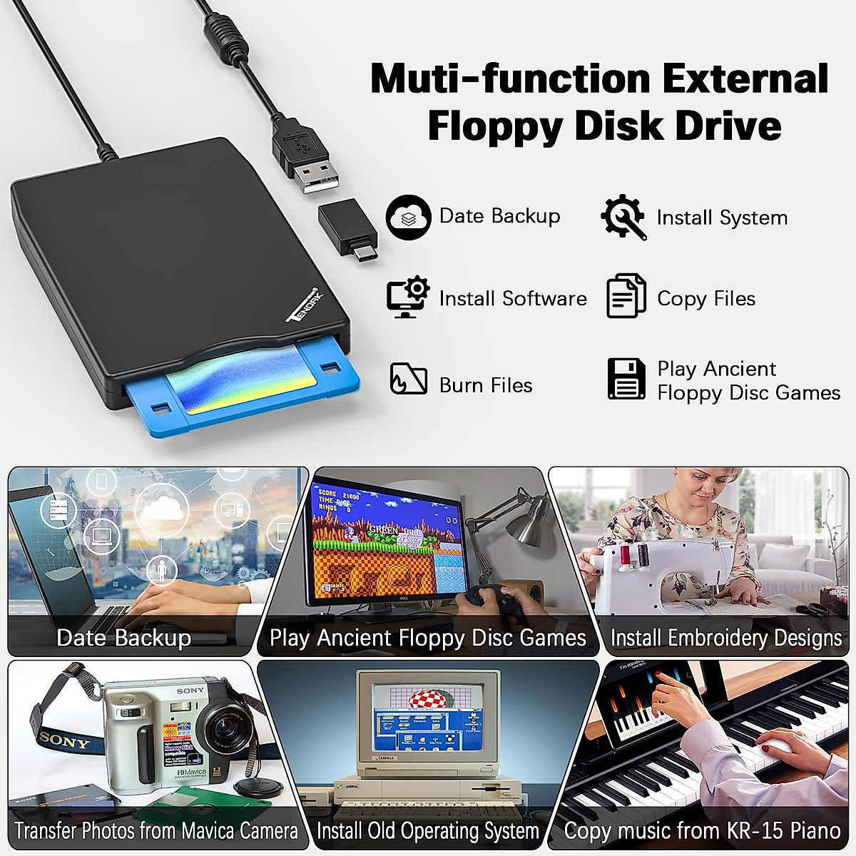 Tendak USB Floppy Disk Drive, Floppy Disk Reader 3.5 inch Portable USB External 1.44MB FDD Diskette Drive for Windows 11/10/8/7/2000/XP/Vista PC Laptop, Plug and Play (Black)
