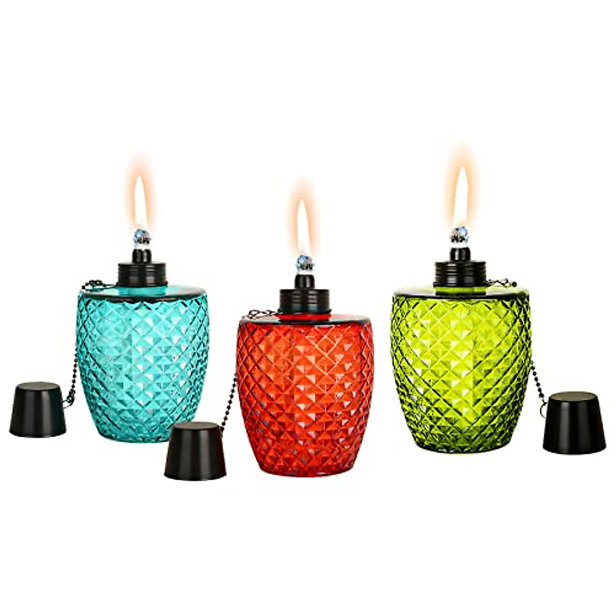 SODELIC Glass Table Torch,Citronella Tabletop Torches Backyard,Refillable Oil Torch for Outside,3 Pack Outdoor Pathway Torches with Wick for Landscape,Yard,Patio,Deck or Garden (Large Oil lamp)