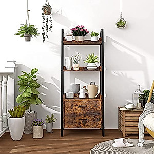 FABATO 3-Tier Ladder Shelf Bookcase with 2 Drawer Organizer Display Shelves Freestanding Bookshelf with Metal Frame for Living Room Office Kitchen Rustic Brown