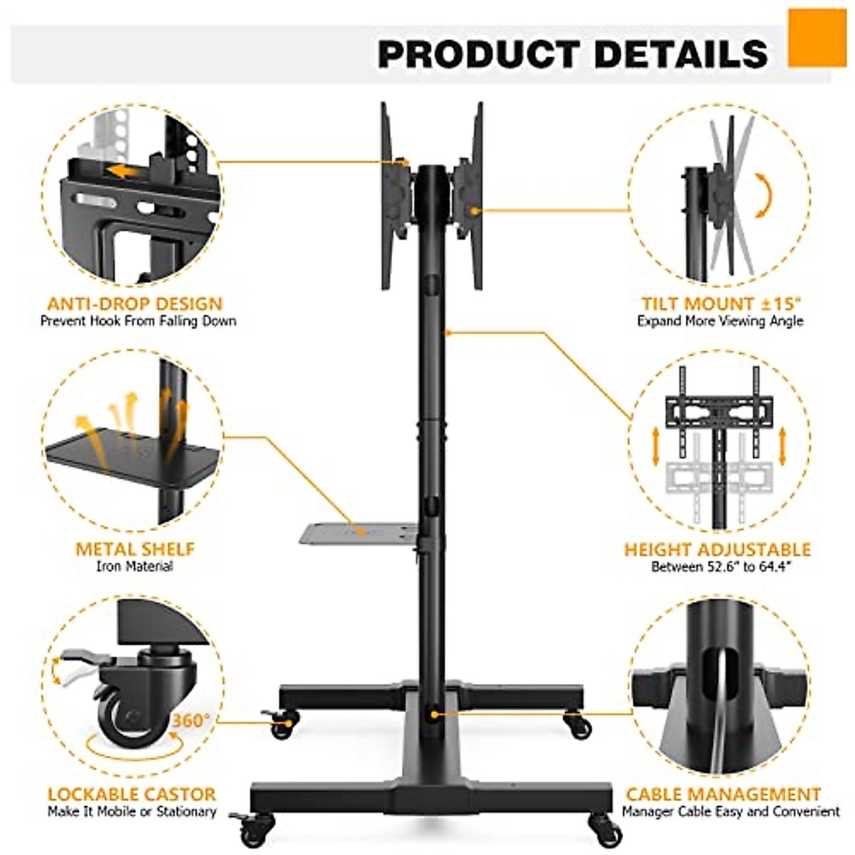 5Rcom Rolling / Mobile TV Cart with Wheels for 32 to 55 Inch LCD LED 4K Flat Curved Screen Vertical TVs-Height Adjustable Screen Tilt Rolling TV Stand for 2 TVs with Laptop Shelf Holds Up to 132 lbs
