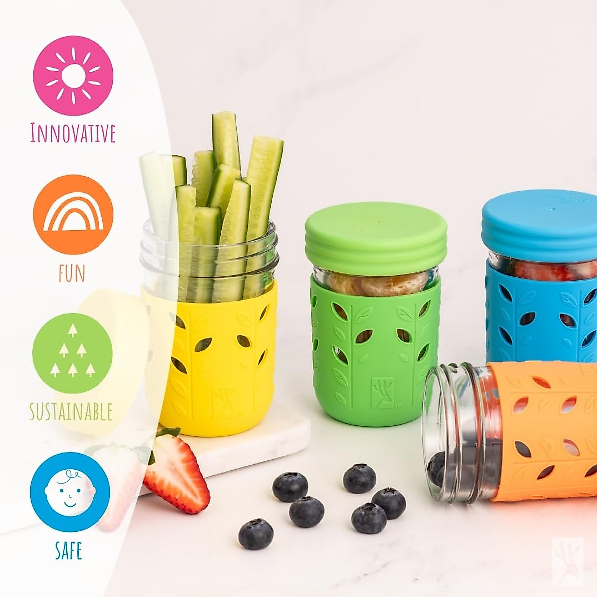 Elk and Friends Kids & Toddler Cups | The Original Glass Mason jars 8 oz with Silicone Sleeves & Silicone Straws with Stoppers | Smoothie Cups | Spill Proof Sippy Cups for Toddlers