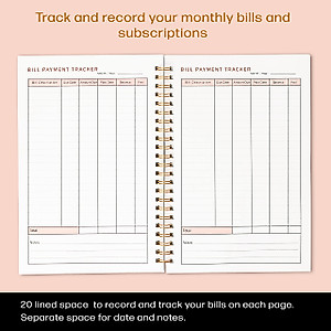 Miru Bill Payment Tracker. A5 Notebook Bill Planner with Spiral Binding and Back Pocket – Home Finance & Monthly Bill Payment Organizer, Logbook