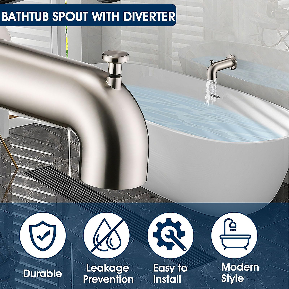 Sperwoesy Slip-On Tub Spout with Diverter Long for Bathtub Spout, Fit for 1/2 Inch Slip Pipe, Brushed Nickel