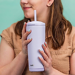 Zak Designs Beacon Straw Tumbler for Travel or At Home, 24oz Stainless Steel with Vacuum Insulated and Non-Skid Base (Smoky Lilac Purple)