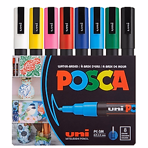 Posca Full Set of 8 Acrylic Paint Pens with Reversible Fine Point Pen Tips, Paint Markers for Rock Painting, Fabric, Glass / Metal Paint, and Graffiti