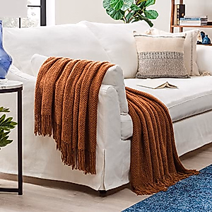 Chanasya Textured Knitted Rust Brown Throw Blanket with Tassels - Soft Bohemian Farmhouse Chic Accent Throws - Decorative for Sofa Couch Bed Living Room Camel Brown (50x65 Inch) Boho Cashew Blanket