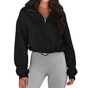MEROKEETY Women's Quarter Zip Crop Sweatshirt Long Sleeve Stand Collar Drawstring Casual Pullover Top,Black,M
