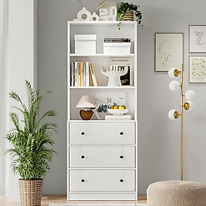 TUSY 71" Bookshelf Bookcase, 3-Tier Modern Bookshelves 3 Large Drawer, Wood Filing Cabinet with Open Storage Shelf, Glass Doors 5-Tier Fixed Storage Shelves for Home Office