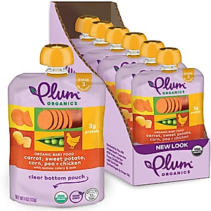 Plum Organics | Stage 3 | Organic Baby Food Meals [9+ Months] | Carrot, Sweet Potato, Corn, Pea & Chicken | 4 Ounce Pouch (Pack Of 6) Packaging May Vary