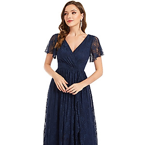 Ever-Pretty Women's Lace V Neck Ruffles Sleeves Pleated Empire Waist A-Line Maxi Formal Dresses Navy Blue US14