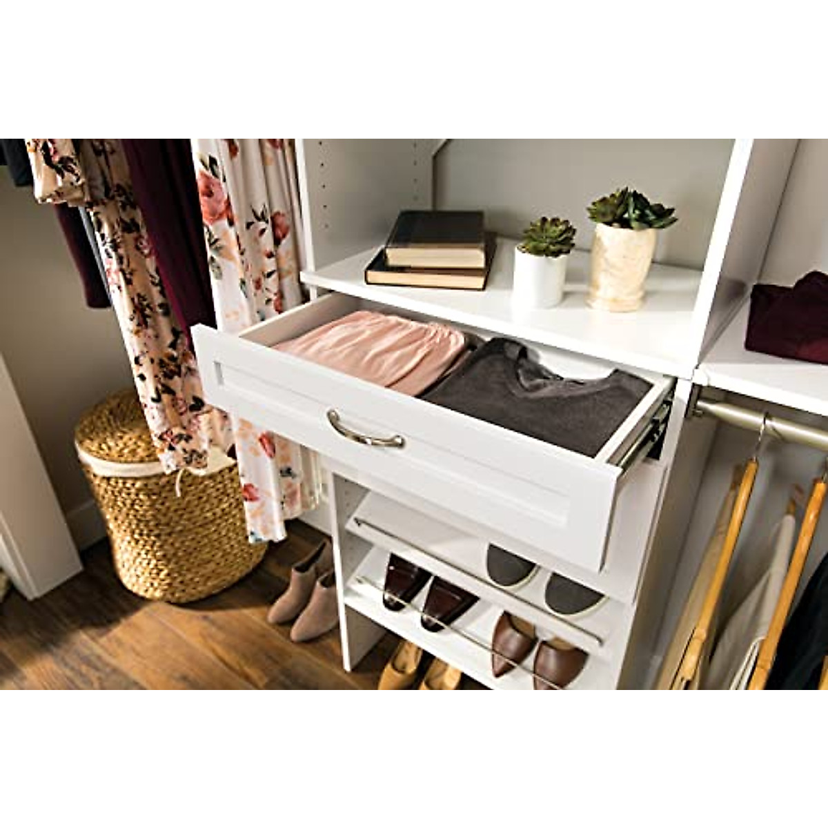 ClosetMaid SuiteSymphony Wood Closet Drawer, Add On Accessory, Shaker Style, For Storage, Closet, Clothes, 25” x 5” Size for 25 in. Units, Pure White/Satin Nickel