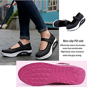 AngryMonkey Womens Air Cushion Buffer Mary Jane Walking Nursing Orthotic Heel Pain Wedge Adjustable Breathable Platform Work Nurse Shoes (Black/PU,8,Women,8)