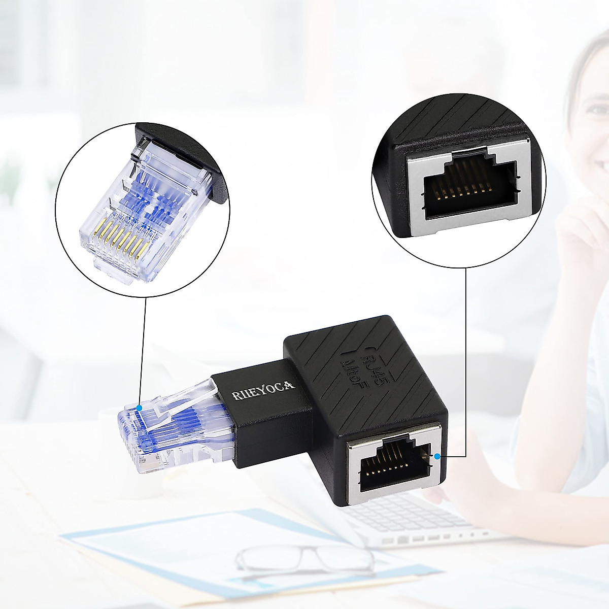 RIIEYOCA 90 Degree Ethernet Adapter,Right Angle RJ45 Male to Female Extension Cat6 LAN Network Connector,for Computers, Laptops, Routers(2-Pack)