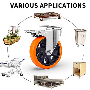 5" Swivel Plate Casters Wheels with Screw Safety Dual Locking and Polyurethane Foam No Noise Wheels,Heavy Duty-550 Lbs Per Caster