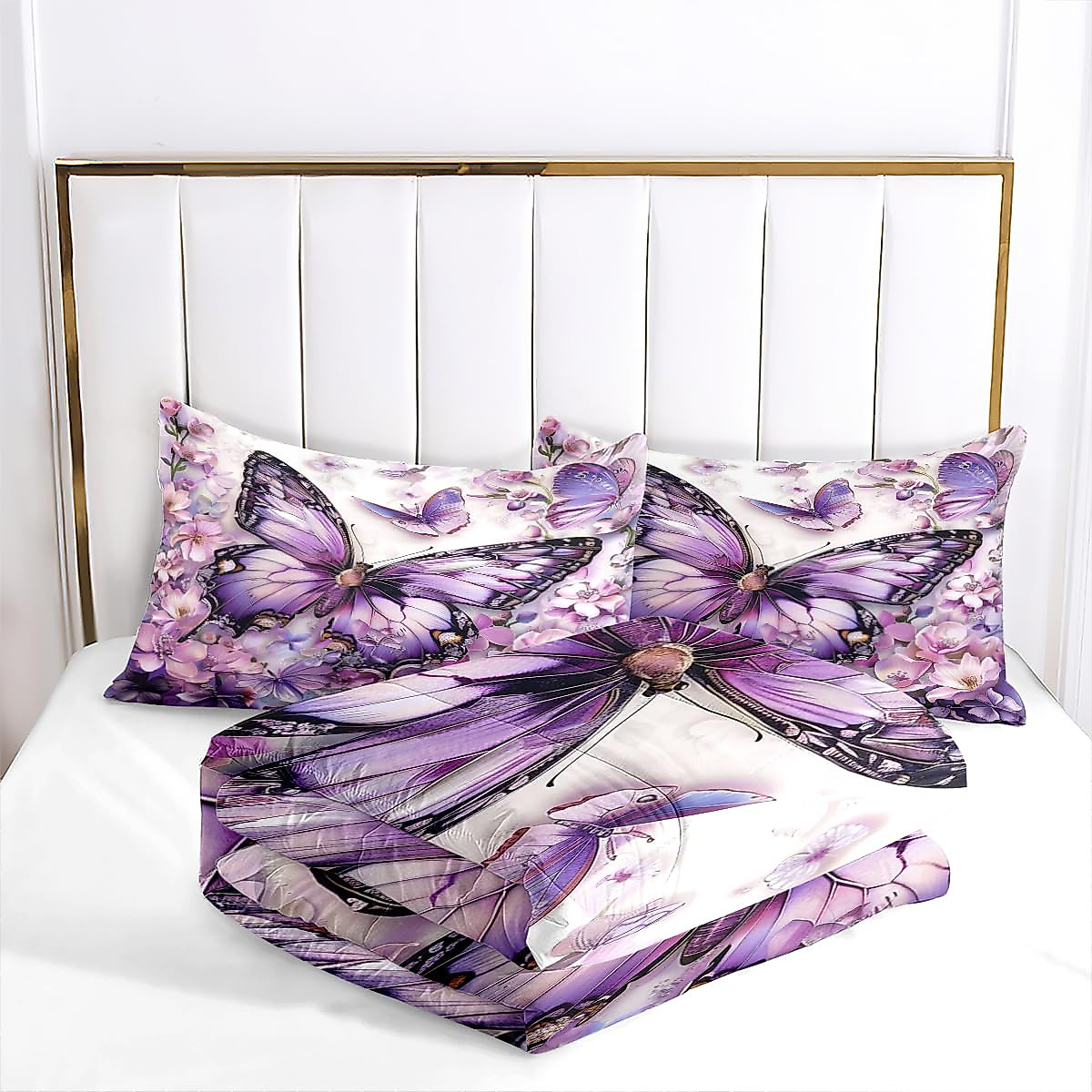 CCoutueChen Purple Butterfly Comforter Set Queen Size Chic Flower Butterfly Bedding Sets Botanical Plants Comforter Quilt Boho Animal Bed Set 3Pcs Soft Fluffy Comforter for Girls Women Adult Room