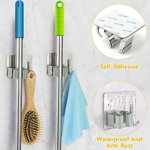 YUWANTING Stainless Steel Broom Holder, Rust Resistant, Self Adhesive, 4 Gripper Positions, 4 Hooks, Silver