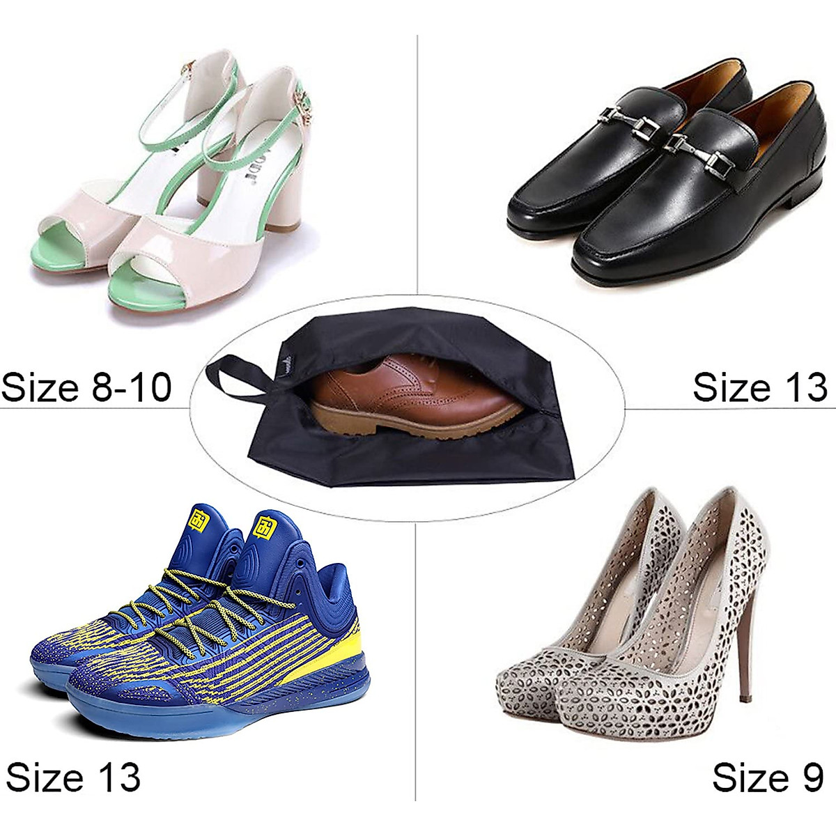 MISSLO Portable Nylon Travel Shoe Bags with Zipper Closure (Pack 4, Black)