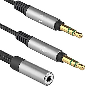 Geekria Nylon Braided Headset Y Splitter Adapter, Headphones Splitter Cable for PC Computer, Notebook and Old Version Laptop with Microphone and Audio Jack (2 x 3.5mm Male to 1 x 3.5mm Female)