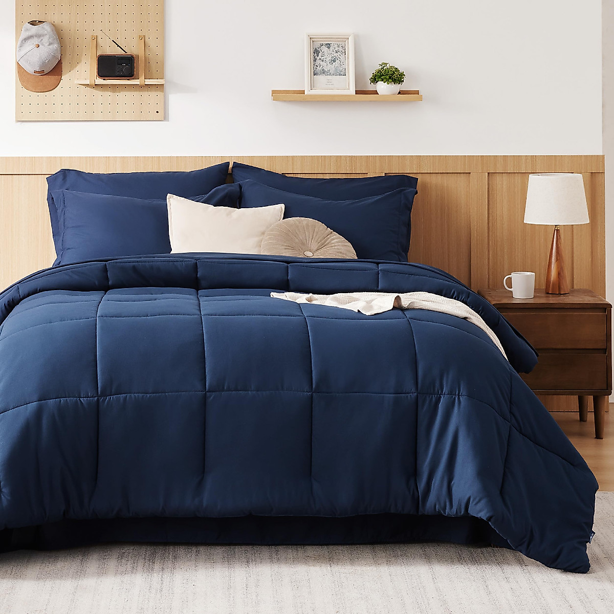 Bedsure Navy Bedding Sets Queen - 7 Pieces Solid Bed in a Bag, Queen Bed Set Navy with Comforter, Sheets, Pillowcases & Shams