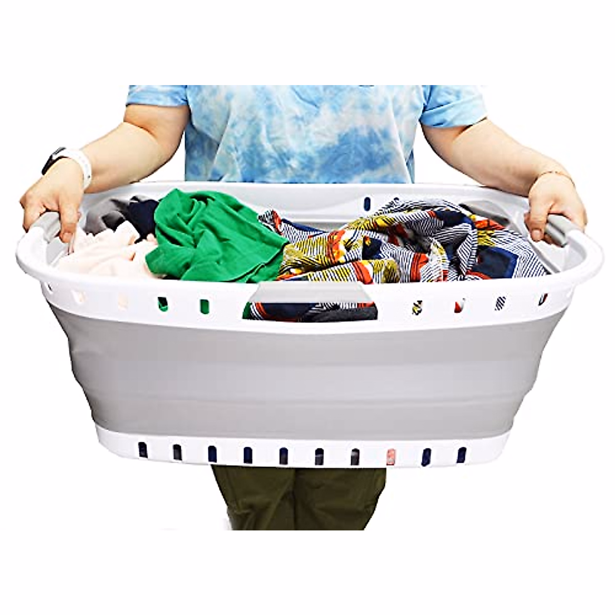 SAMMART 44L (11.6 gallon) Collapsible Plastic Laundry Basket-Foldable Pop Up Storage Container-Portable Washing Tub- pace Saving Hamper, Water Capacity: 35L (9.2 gallon) (White/Grey (Set of 2))
