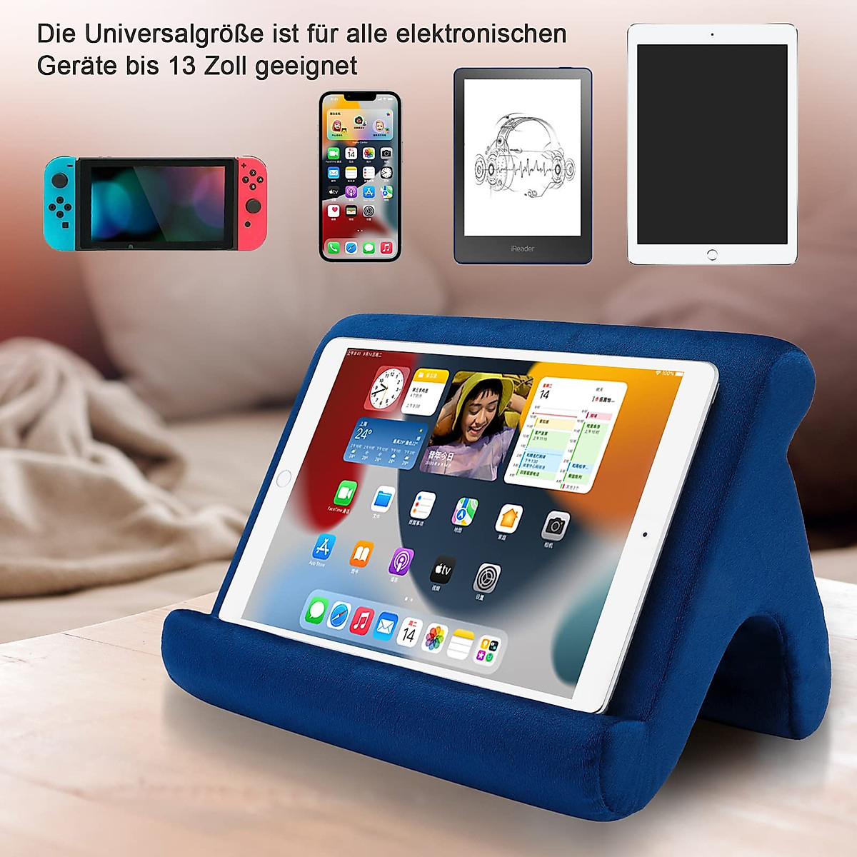 Tablet Pillow Stand Tablet Stand Tablet Holder Dock for Bed with 3 Viewing Angles , Compatible with all tablets ,Phones and iPad Pro 9.7, 10.5,12.9 Air Mini 4 3, Kindle, E-Reader and books(Navy)